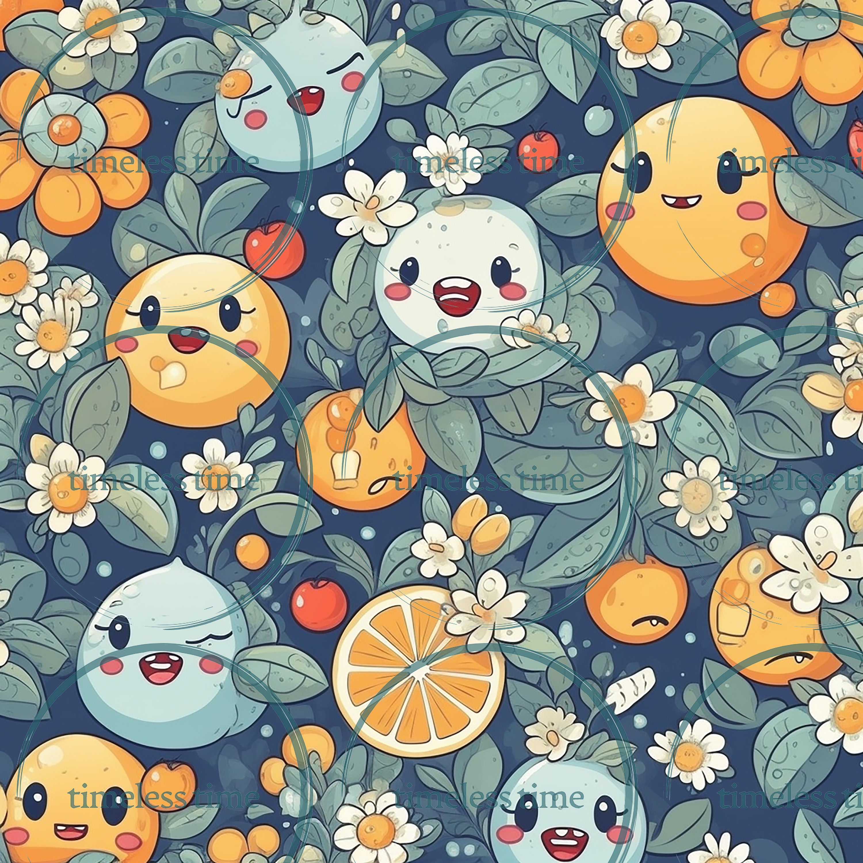 Cute Anime Fruits With Smiley Faces Print Multi Medium Flower Patterns ...