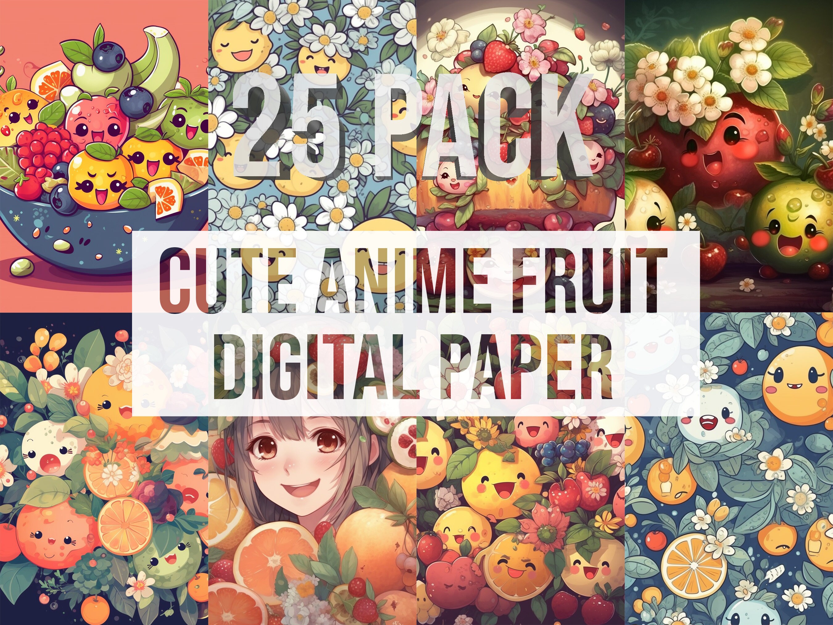 Cute Anime Fruits With Smiley Faces Print Multi Medium Flower Patterns ...