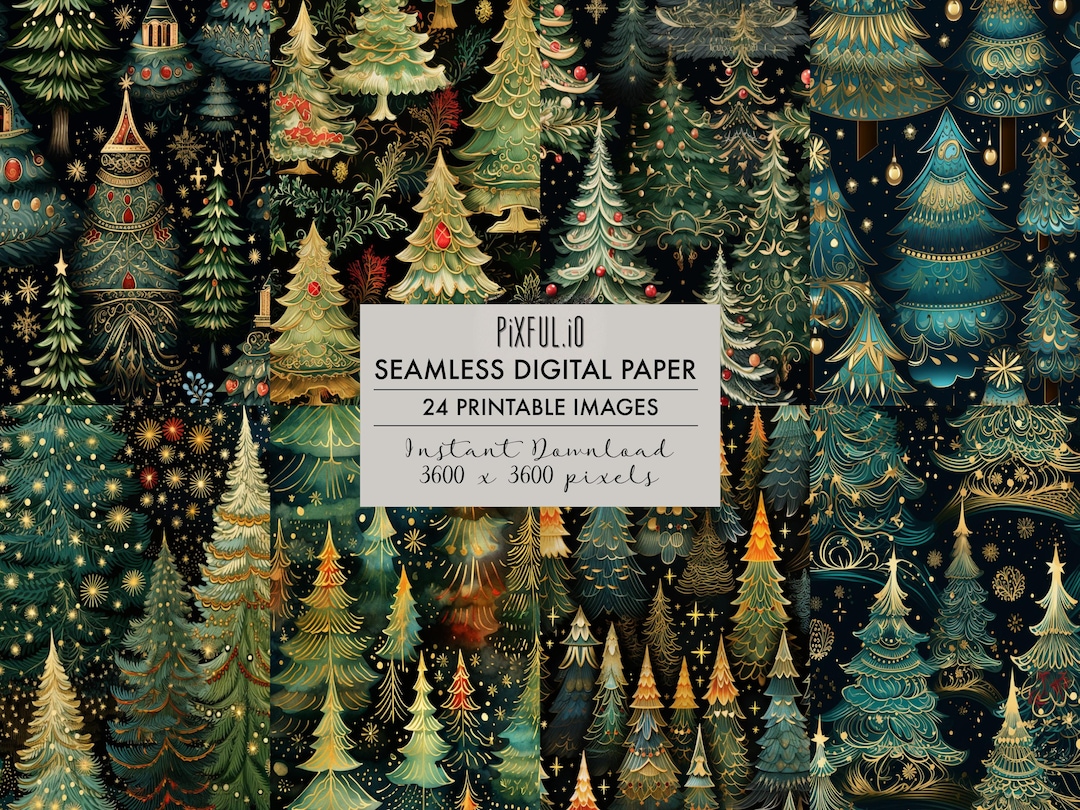 Seamless Dazzling Christmas Tree Patterns, Digital Paper 24 Pack, Junk ...