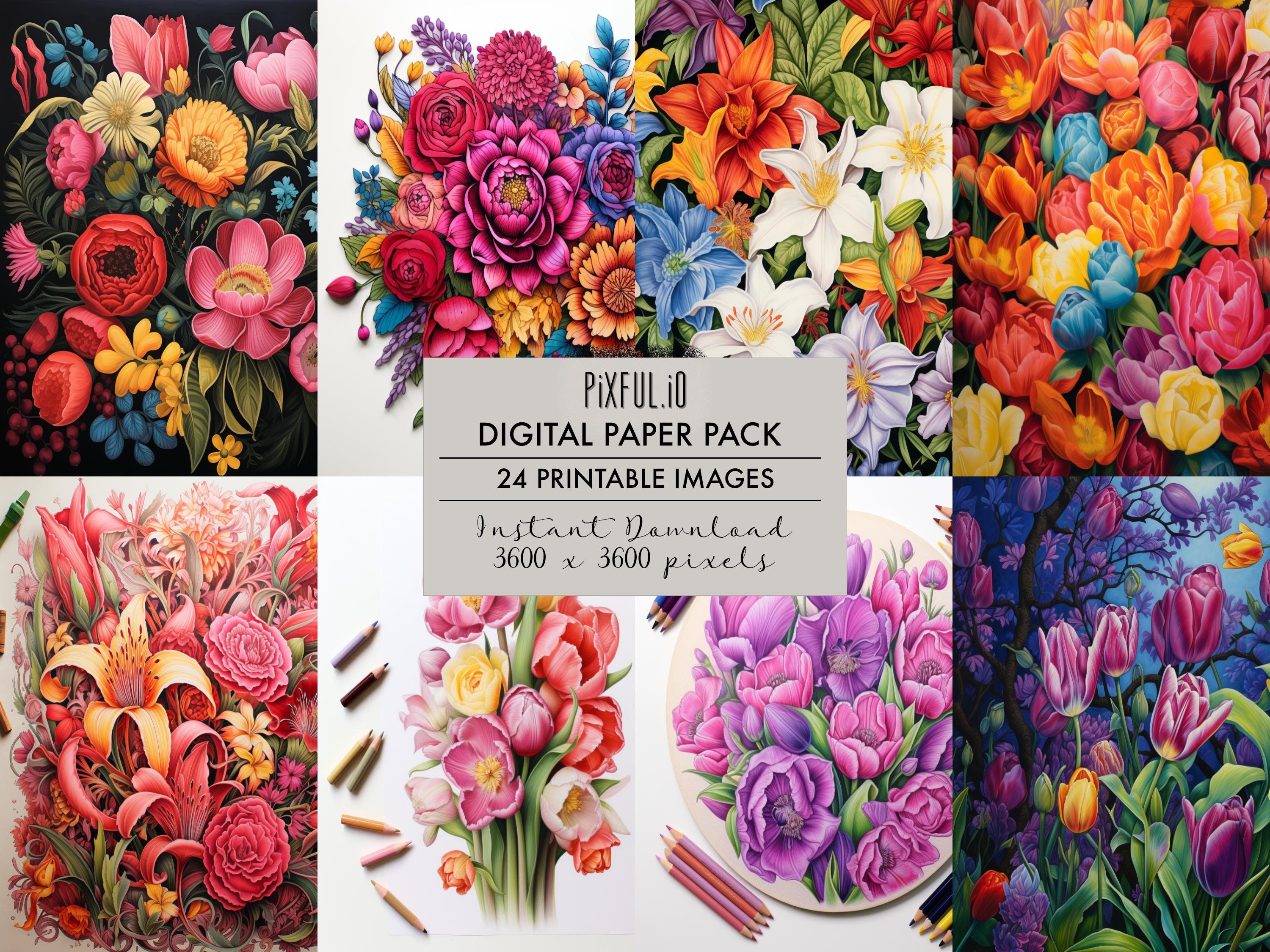 Colored Pencil Drawing of Spring Floral Paper, Digital Patterns 24 Pack ...