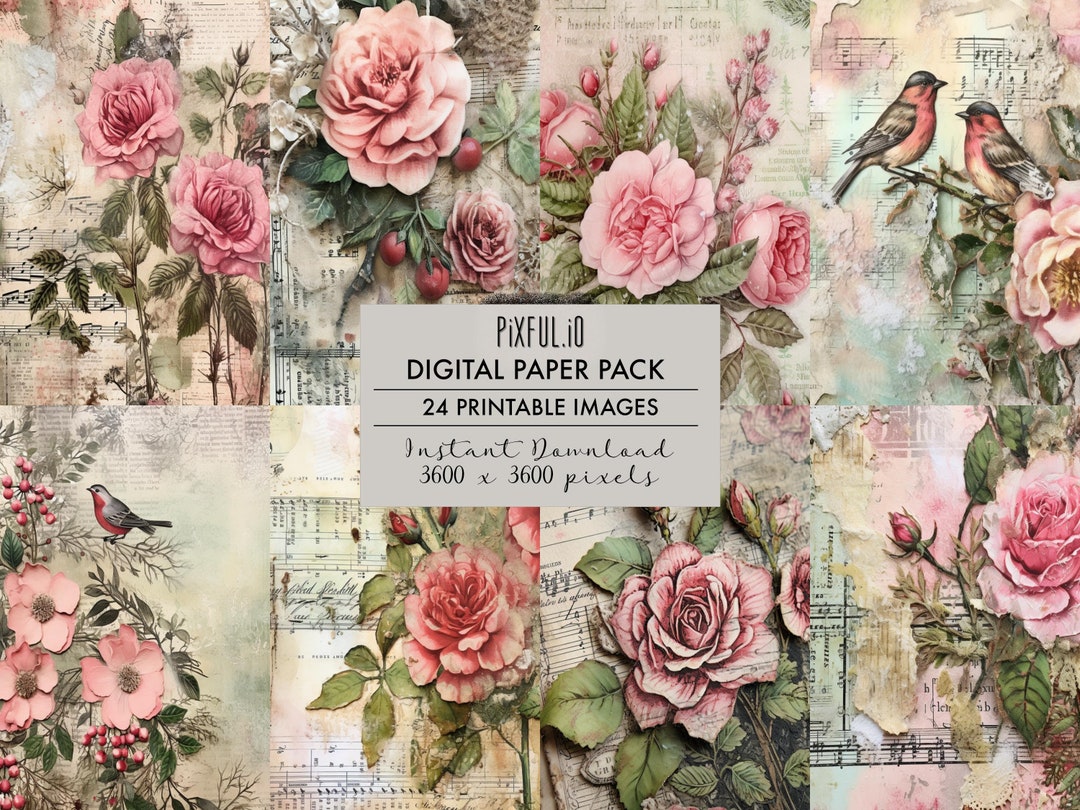Vintage Decoupage, Roses Digital Paper 24 Pack, Junk Journal Kit Page ...