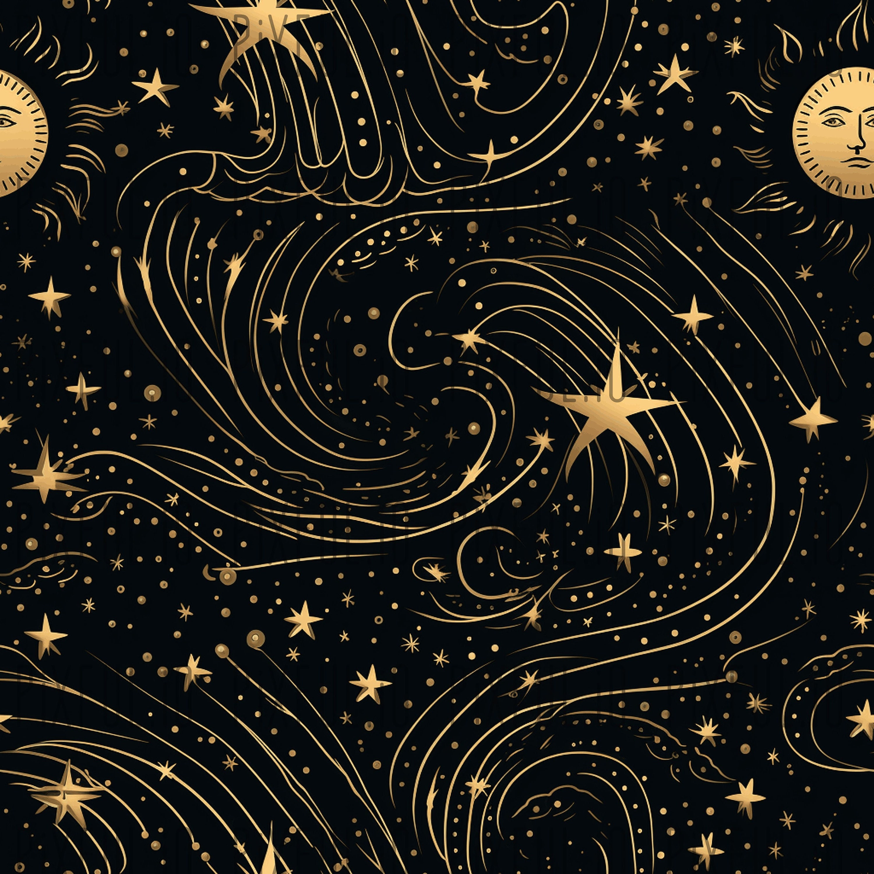 Seamless Black and Gold Celestial Cosmic Art Patterns, Digital Paper 24 ...