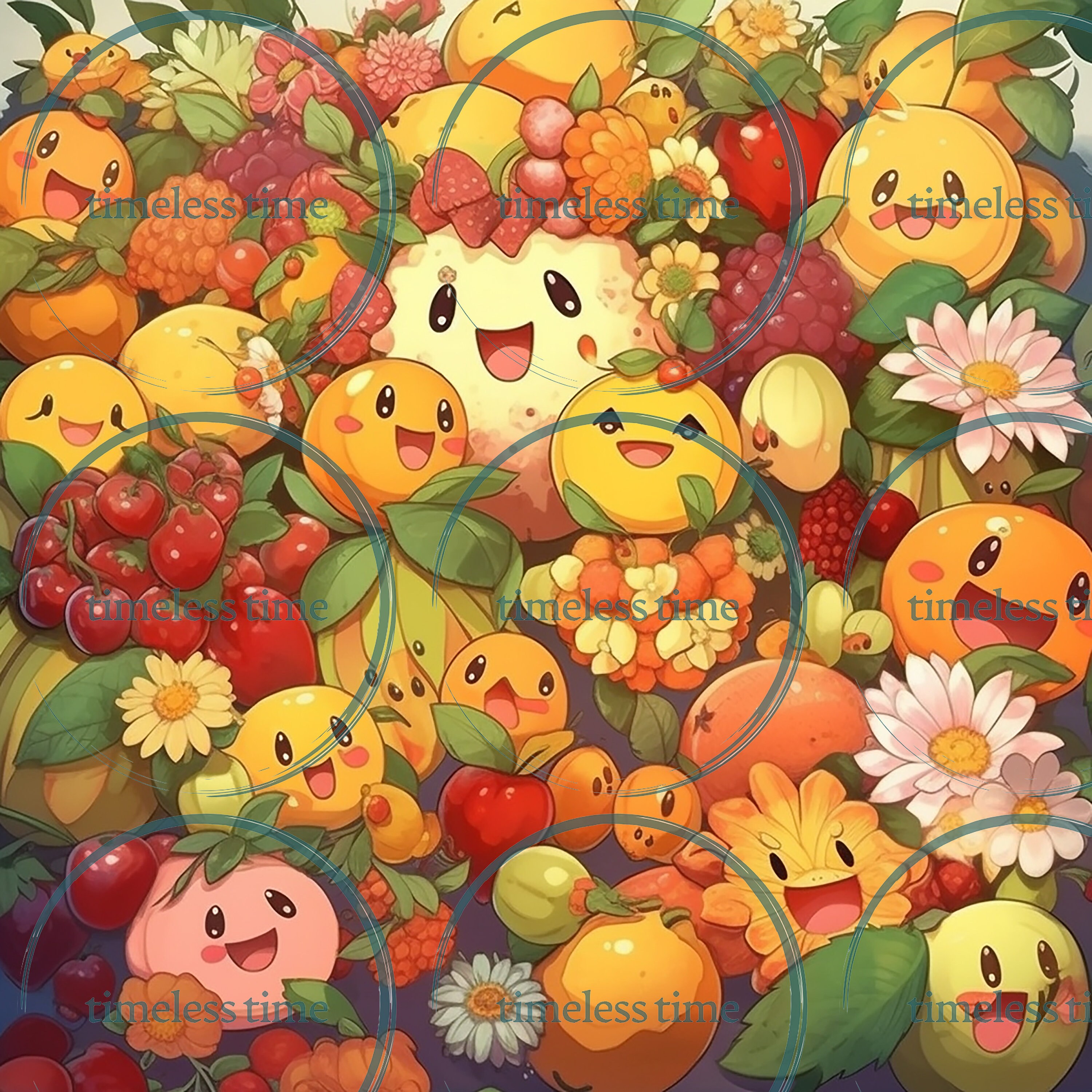 Cute Anime Fruits With Smiley Faces Print Multi Medium Flower Patterns ...