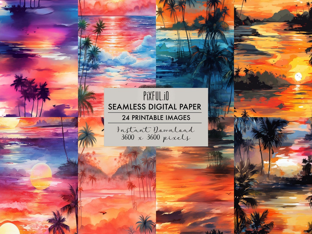 Seamless Watercolor Painting of Tropical Sunset Patterns, Digital Paper ...
