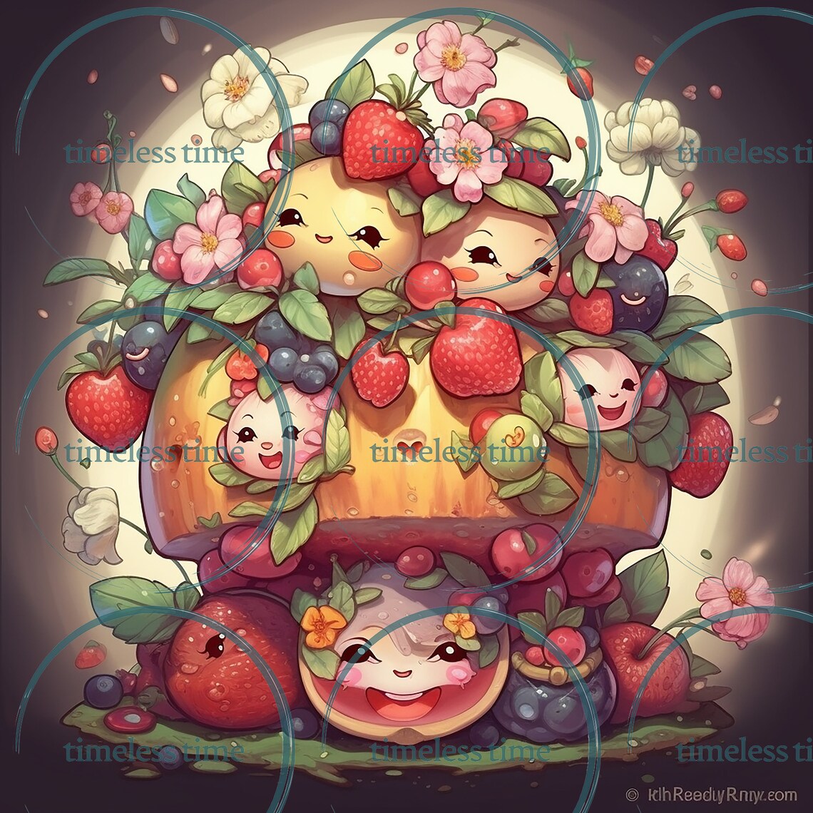 Cute Anime Fruits With Smiley Faces Print Multi Medium Flower Patterns ...