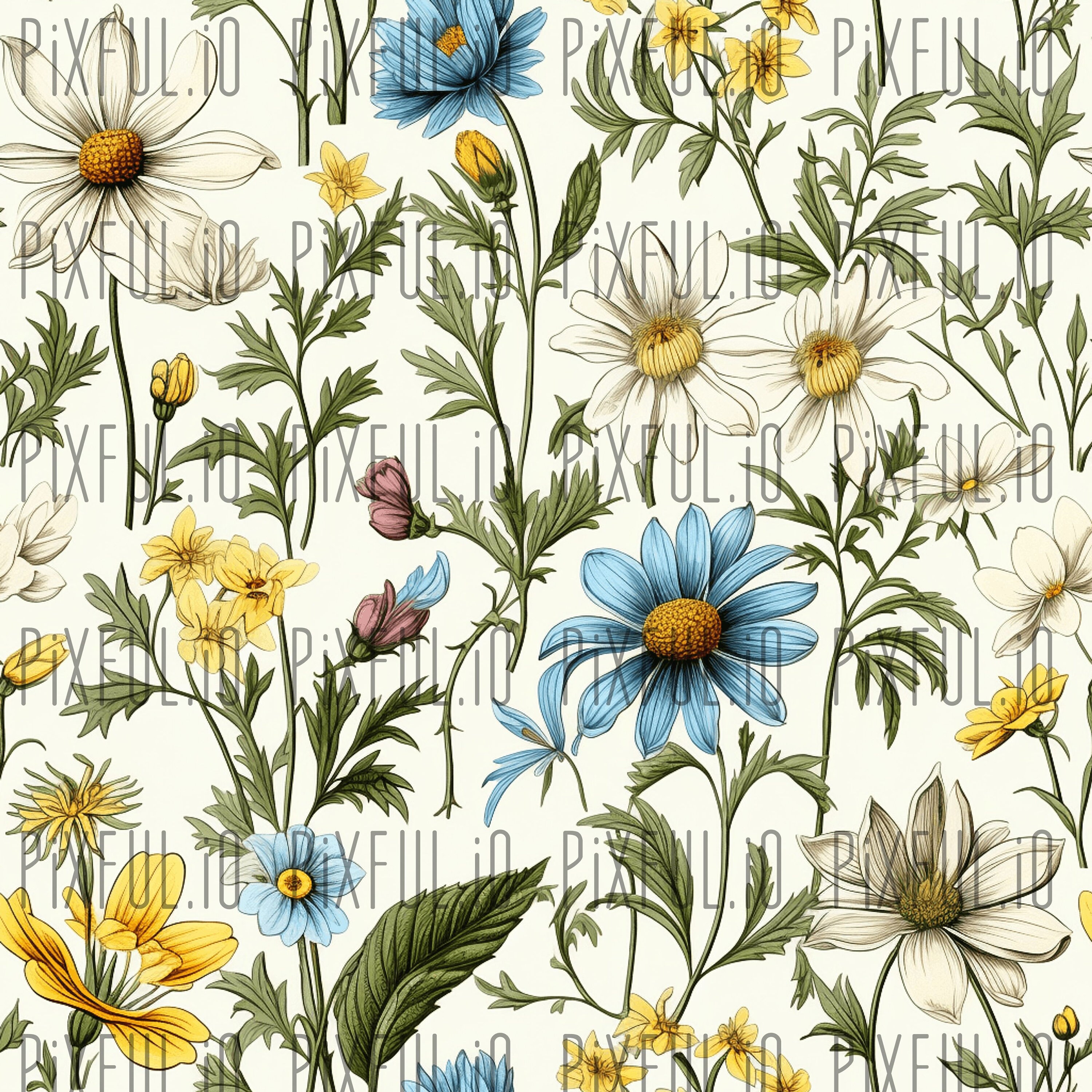 Seamless Colored Pencil Illustration of Meadow Flowers Patterns ...