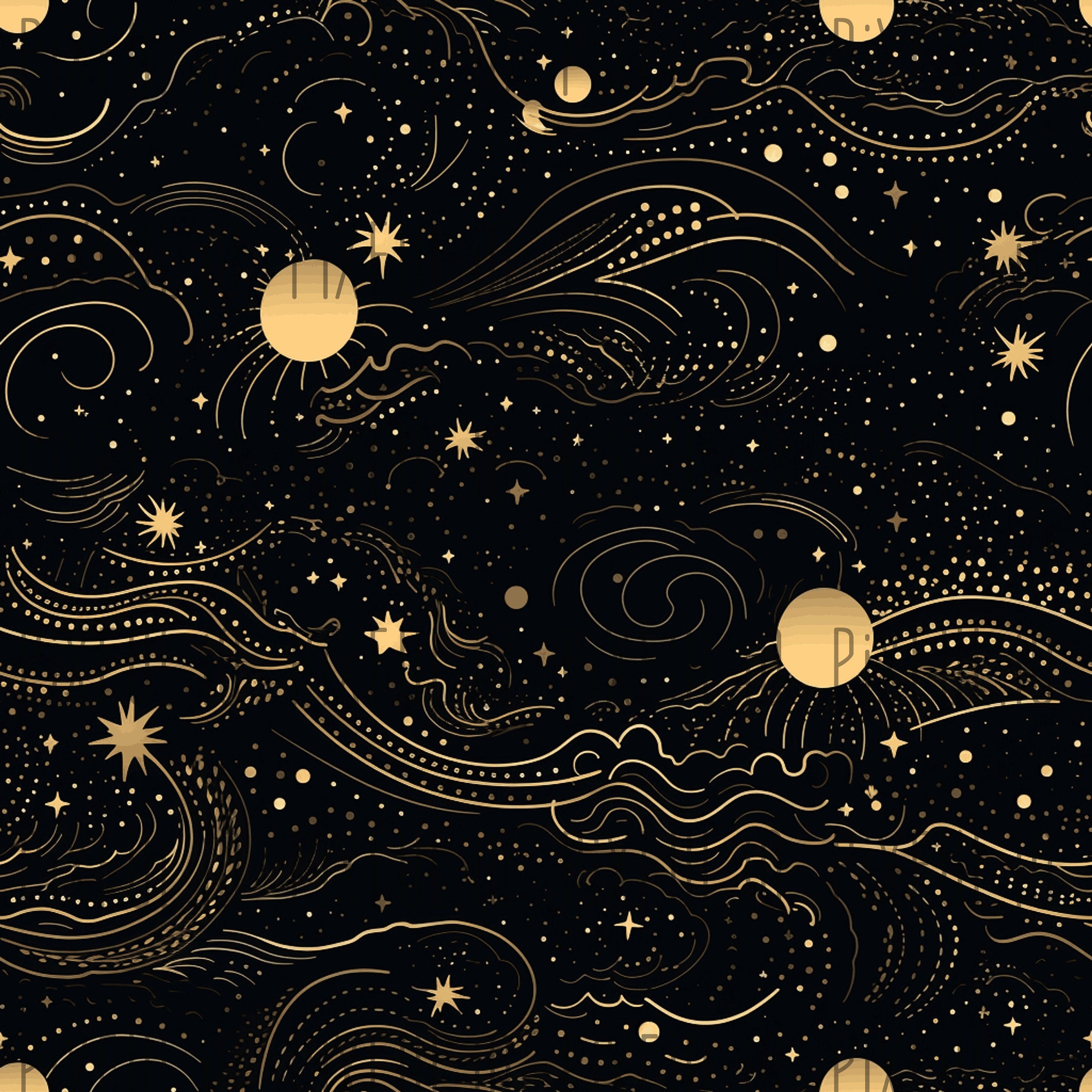 Seamless Black and Gold Celestial Cosmic Art Patterns, Digital Paper 24 Pack, Junk Journal Page ...