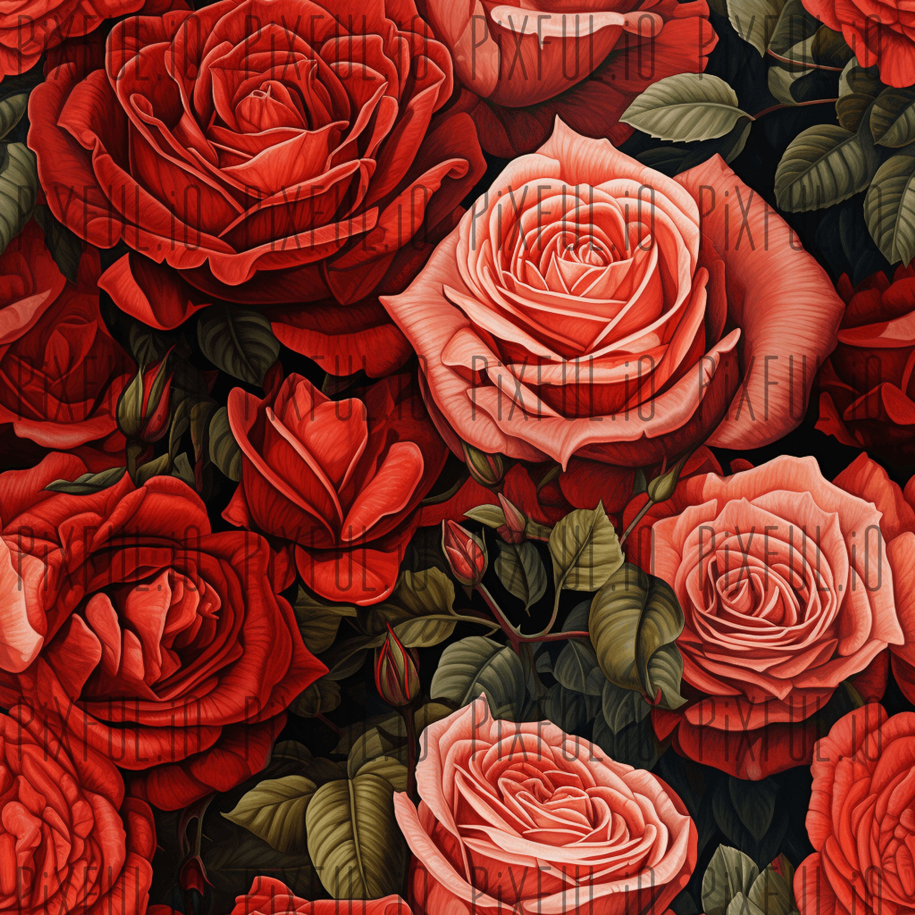 Seamless Colored Pencil Illustration of Red Roses Patterns, Digital ...