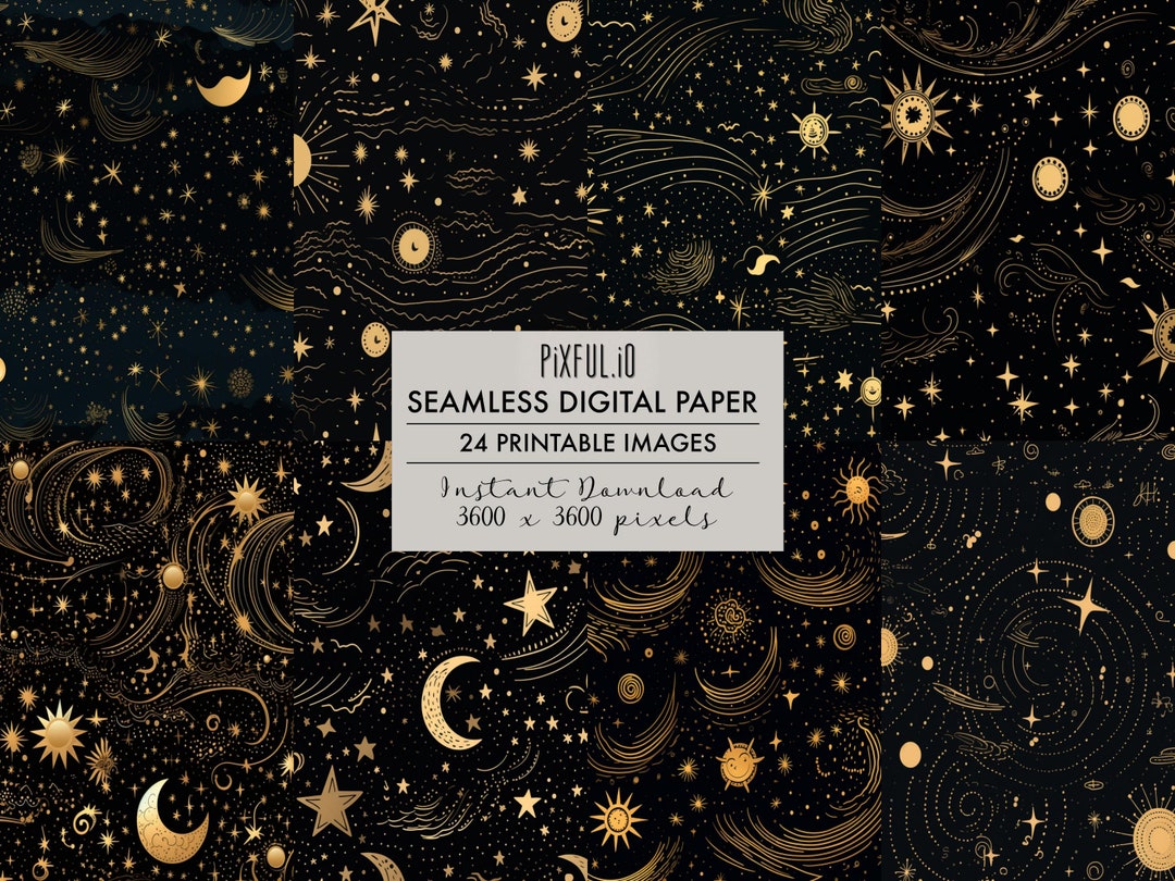 Seamless Black and Gold Celestial Cosmic Art Patterns, Digital Paper 24 ...