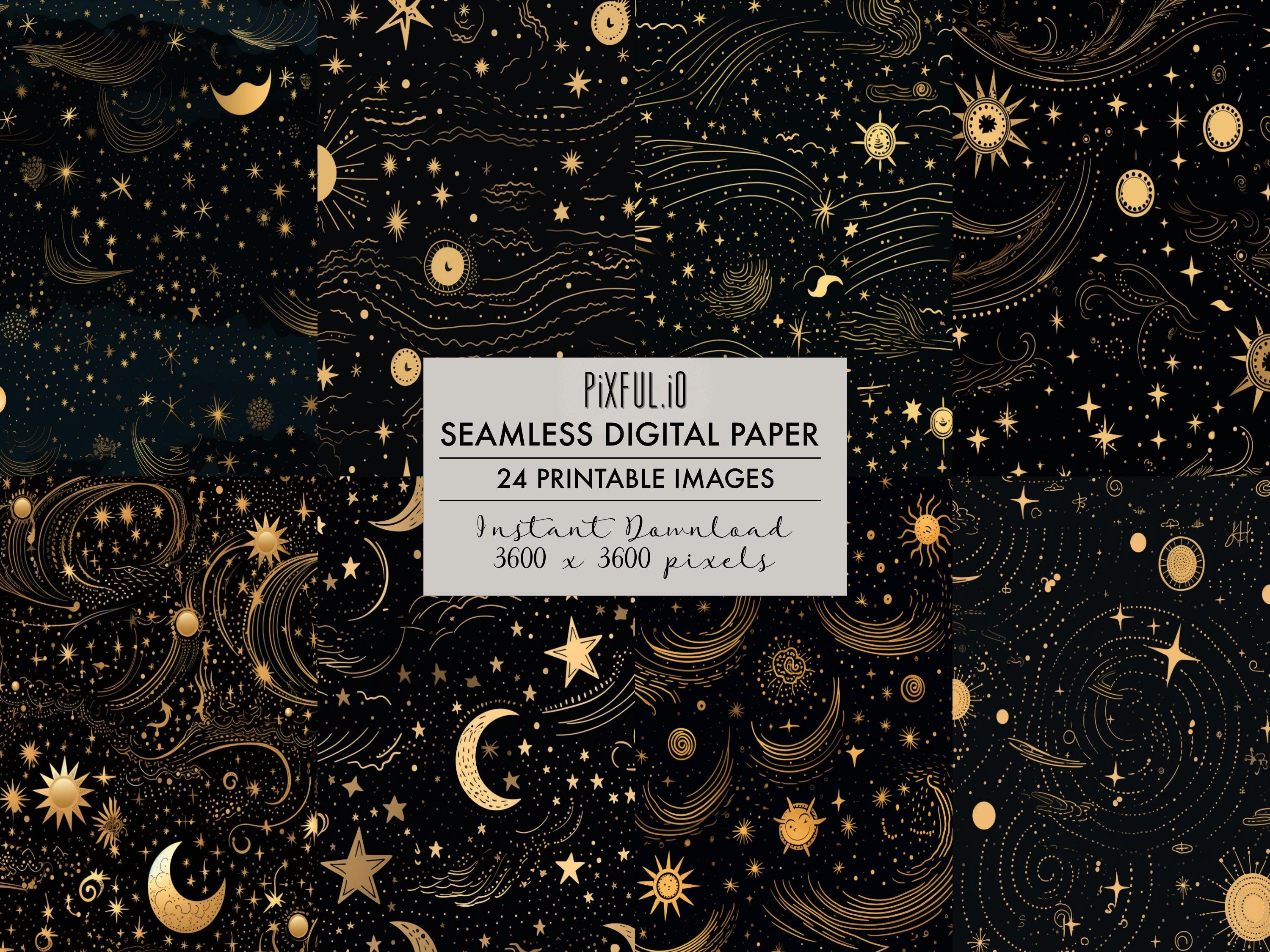 Seamless Black and Gold Celestial Cosmic Art Patterns, Digital Paper 24 ...