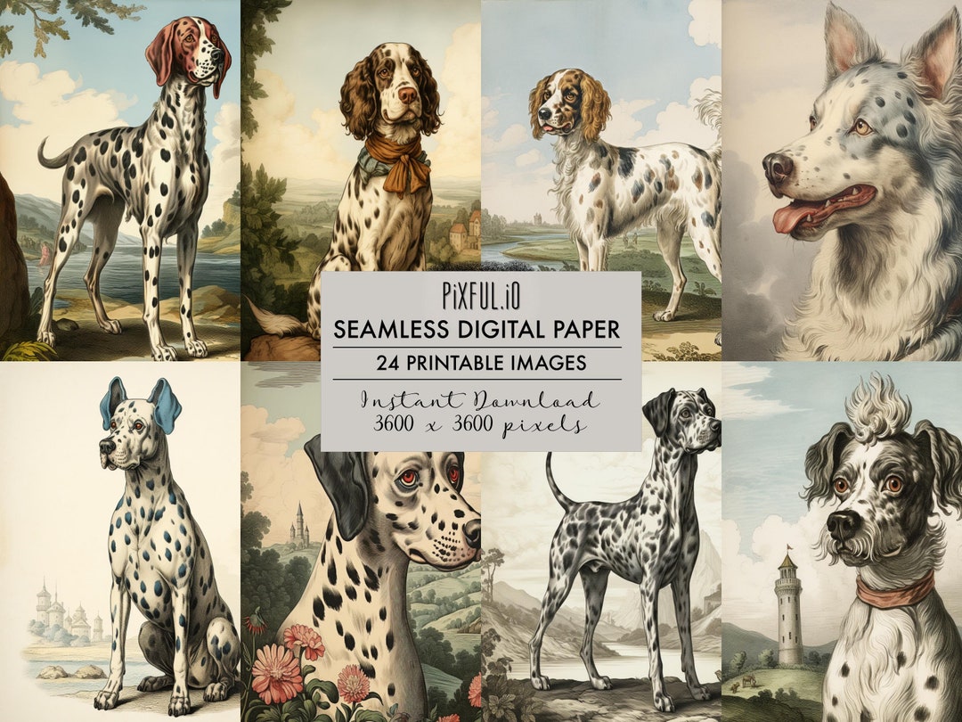 1700s Vintage Dog Illustration 2 Digital Paper 24 Pack, Junk Journal ...