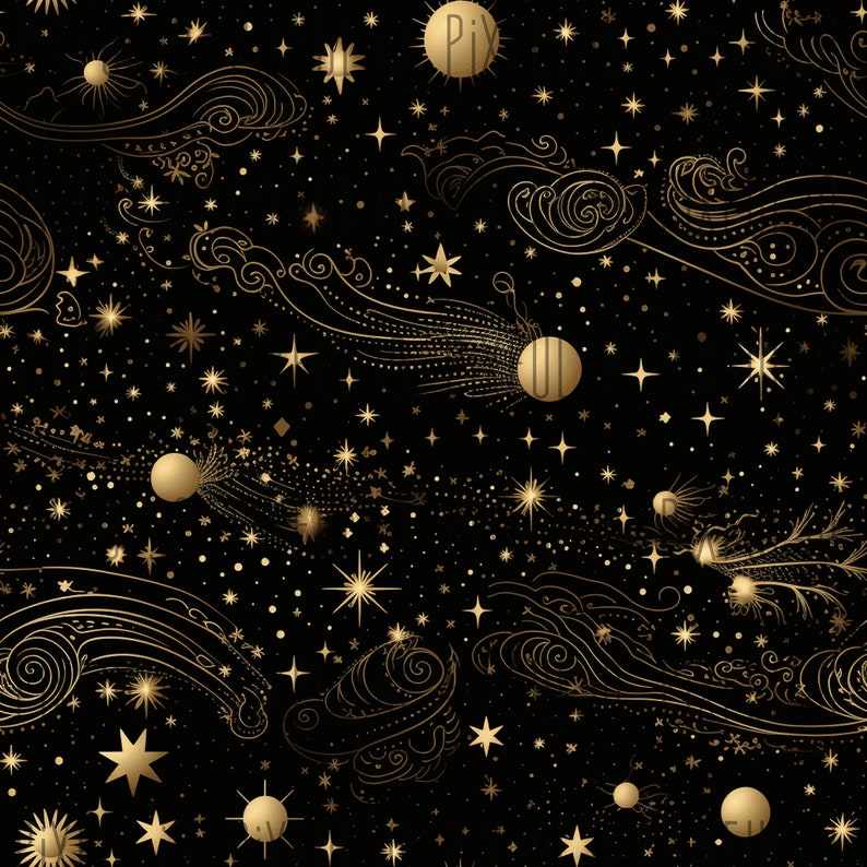 Seamless Black and Gold Celestial Cosmic Art Patterns, Digital Paper 24 ...