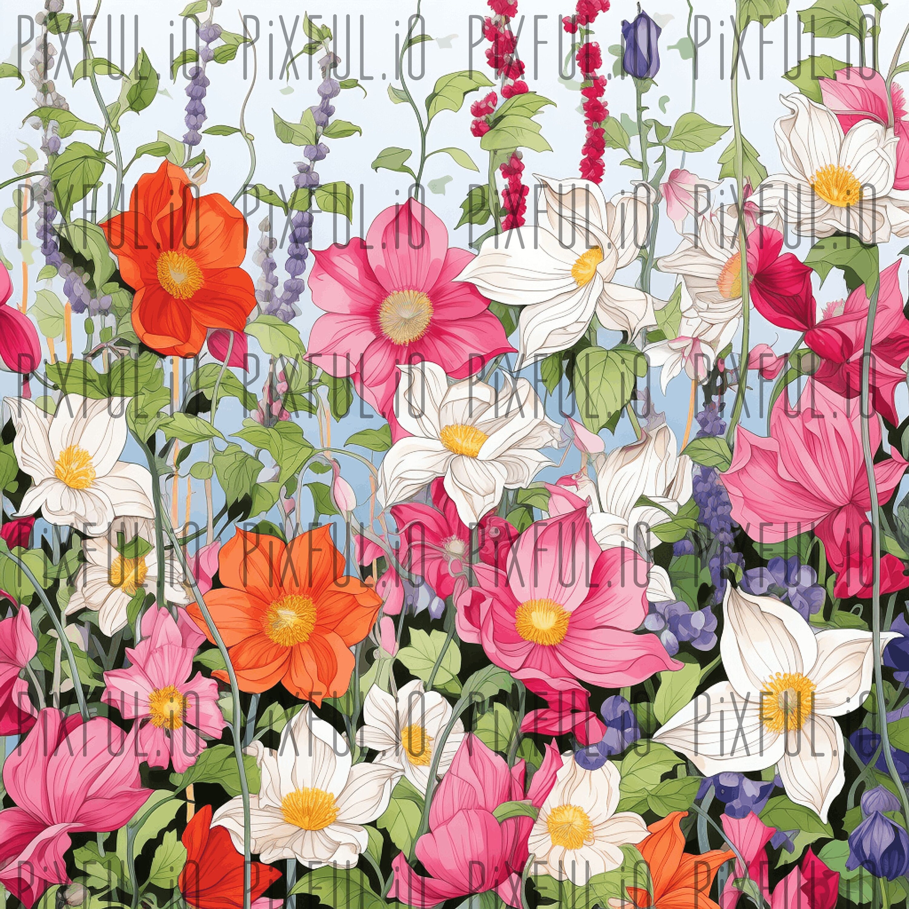 Colored Pencil Drawing of Spring Floral Paper, Digital Patterns 24 Pack ...
