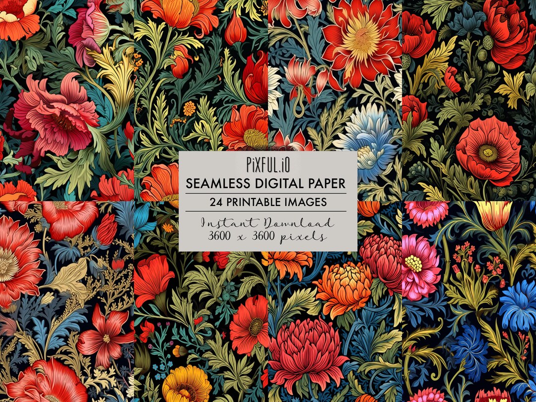 Seamless Vivid Floral Pattern Patterns, Digital Paper 24 Pack, Junk Journal Page, Printable ...