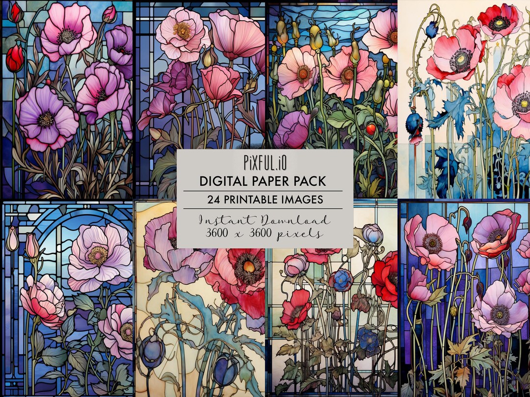 Peonies Stained Glass Renne Mackintosh Digital Paper 24 Pack, Junk ...