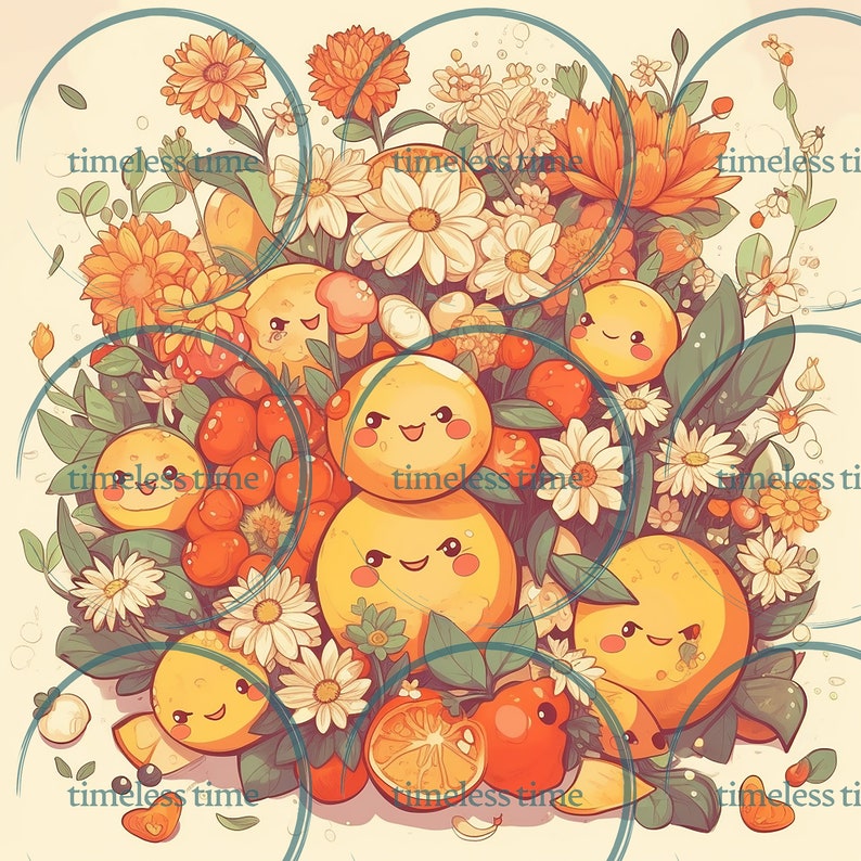 Cute Anime Fruits With Smiley Faces Print Multi Medium Flower Patterns ...