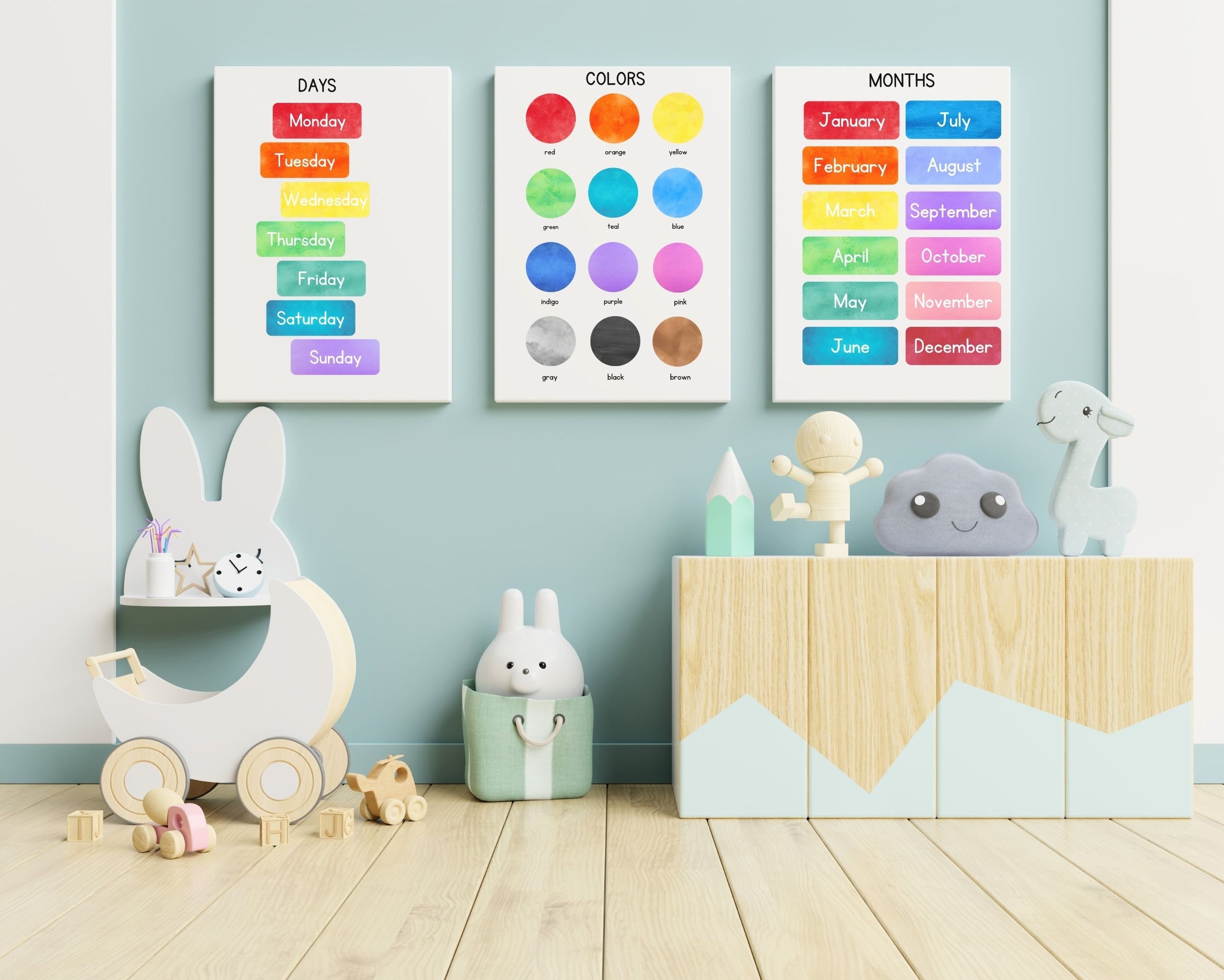 Set of Educational Posters, 8 Learning Prints, Watercolor Rainbow ...