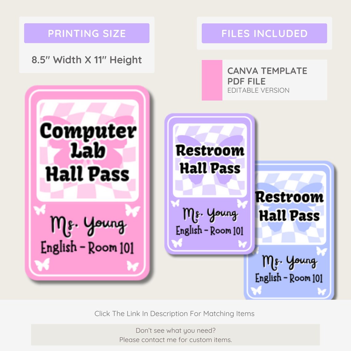 Classroom Hall Passes, Printable Editable Restroom Passes, Butterfly ...
