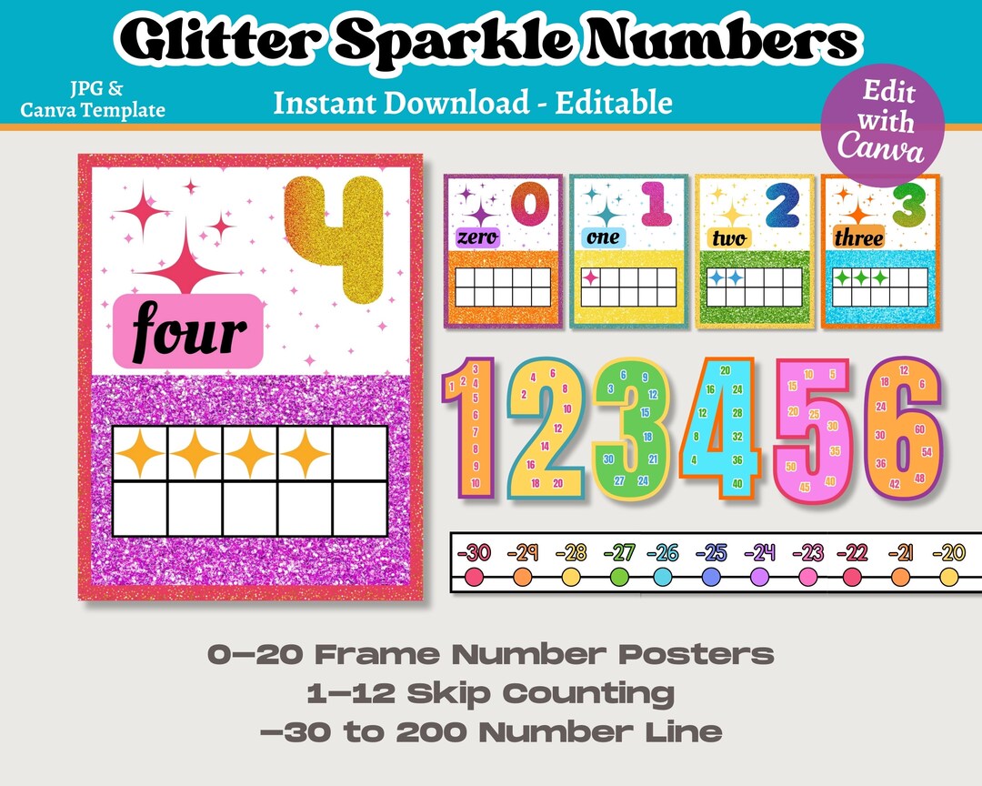 Glitter Sparkle Number Posters, Printable & Editable Skip Counting, Ten ...