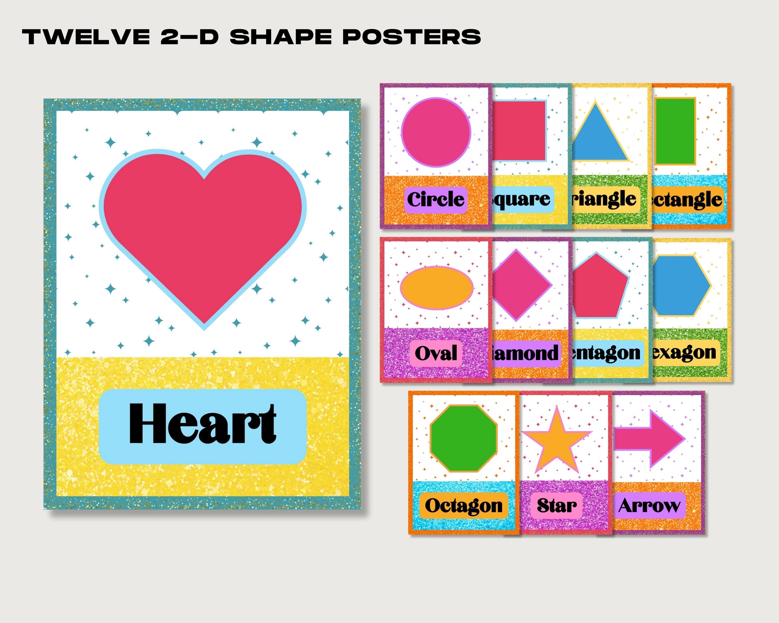 Glitter Sparkle Shape Posters, Printable & Editable 2D and 3D Shape ...