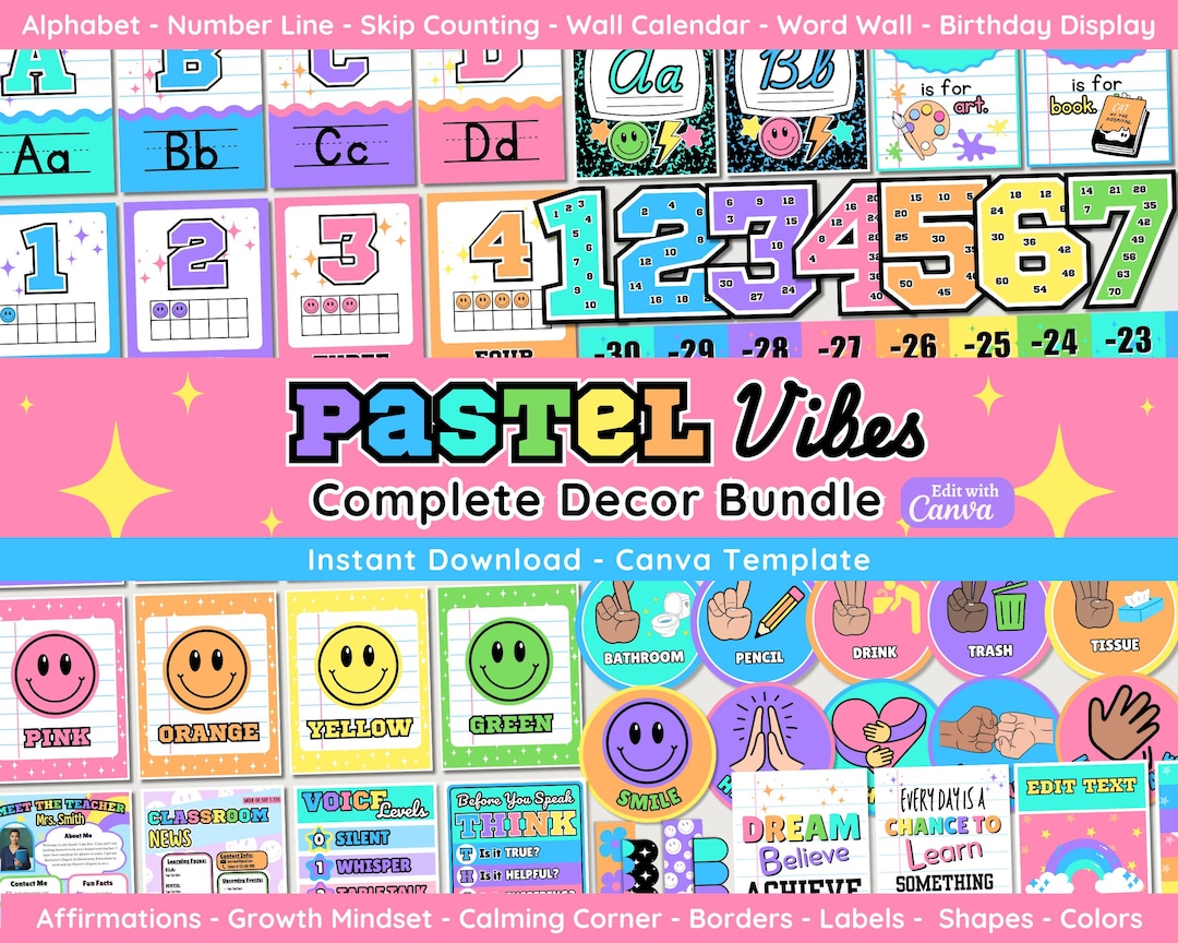 Pastel Classroom Decor Bundle: Editable Display & Organization (canva ...