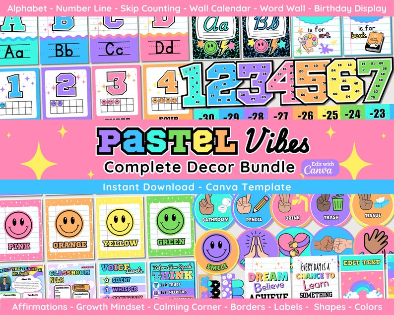 Pastel Classroom Decor Bundle: Editable Display & Organization (canva ...