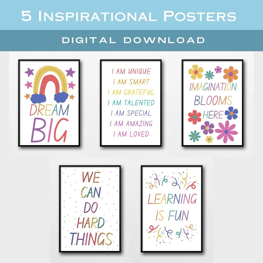 Set of 5 Inspirational Posters, Classroom Wall Art, Kids Bedroom Art ...