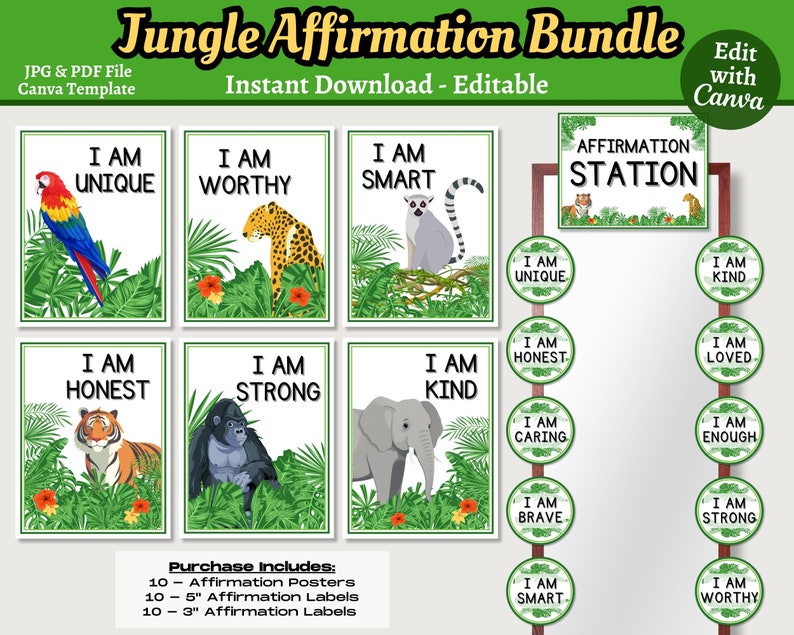 Jungle Affirmation Bundle, Classroom Affirmation Station, Editable ...