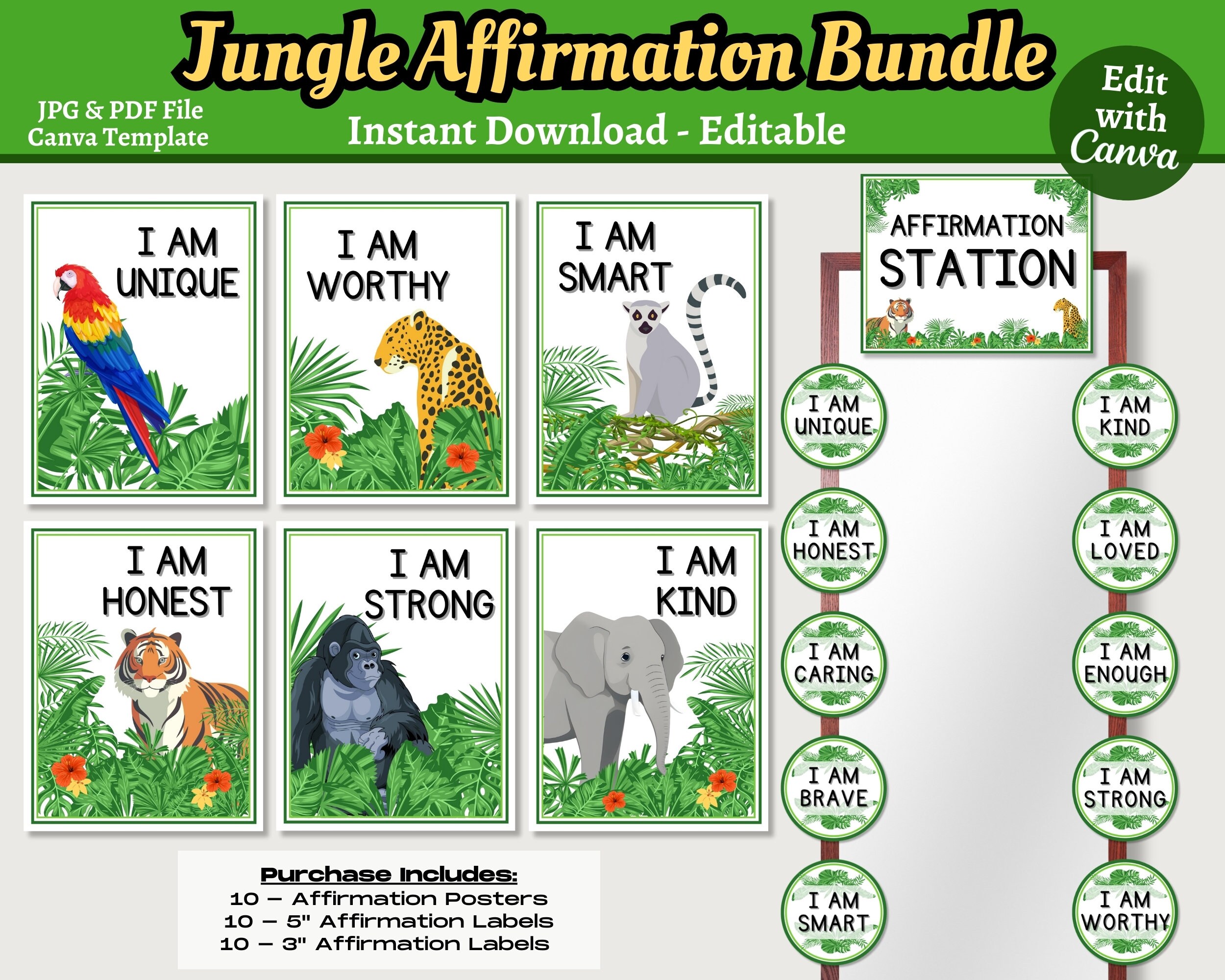 Jungle Affirmation Bundle, Classroom Affirmation Station, Editable ...
