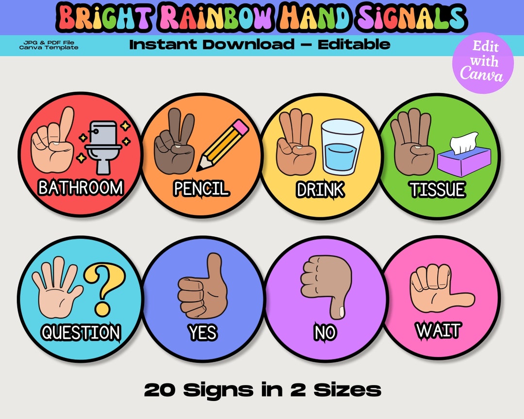 Bright Rainbow Classroom Hand Signal Posters, Editable Classroom Hand ...