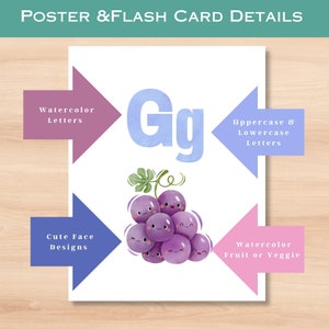 Pre-k Toddler Alphabet Flash Cards, 26 Watercolor Fruit Vegetable ...