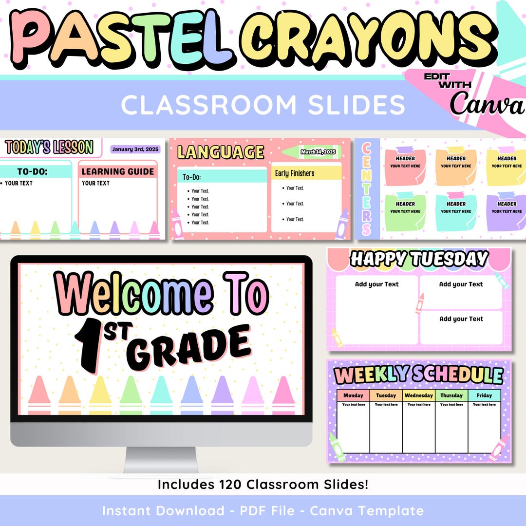 Pastel Rainbow Crayon Classroom Slides: Editable Canva Template ...
