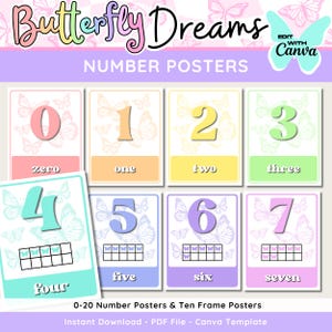 Pastel Butterfly Number Posters, 0-20 Ten Frame Printable & Editable ...