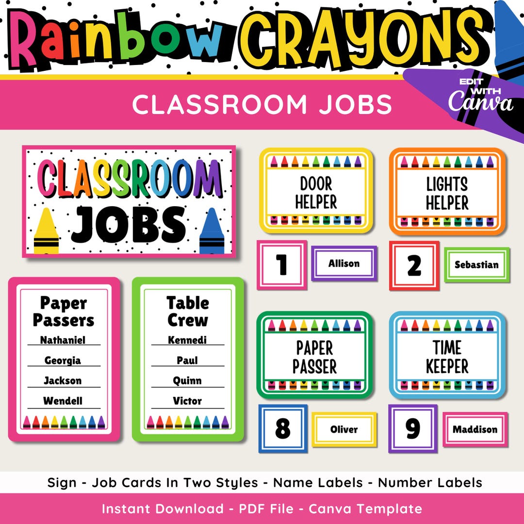 Rainbow Crayon Classroom Jobs Display, Printable & Editable Student ...