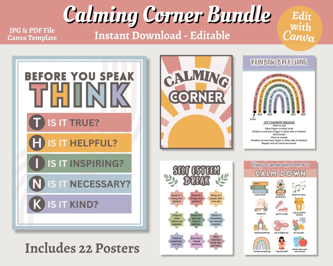 Calming Corner Posters, Editable Canva Template, Boho Elementary ...