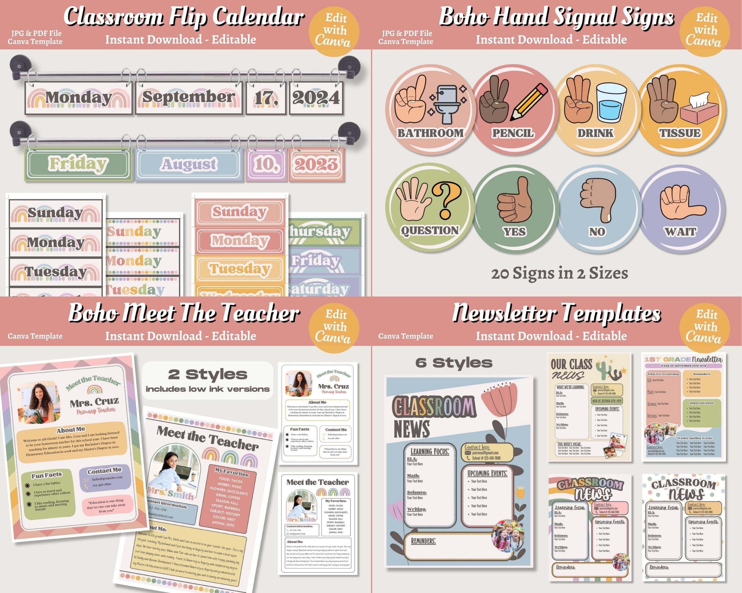 Boho Rainbow Editable Classroom Decor Bundle, Canva Template, Teacher ...