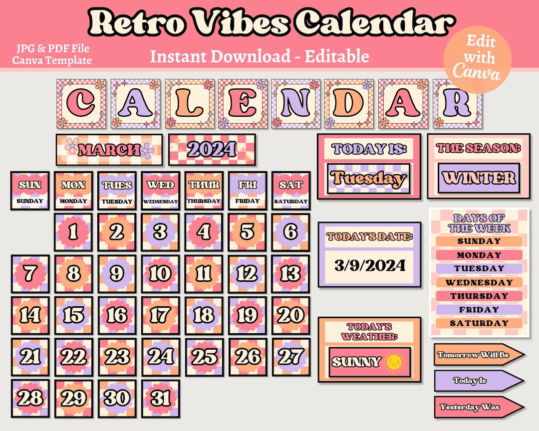 Retro Calendar Bundle, Editable Complete Calendar, Weather Station ...