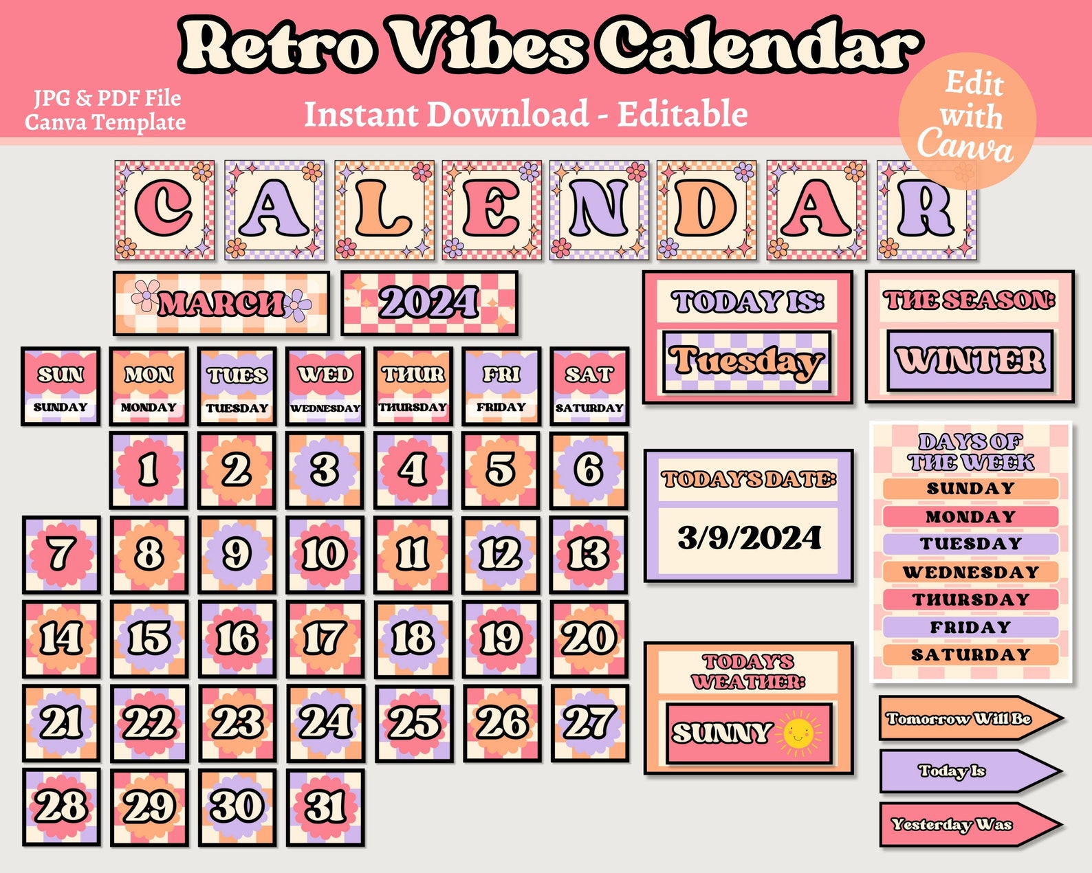 Retro Calendar Bundle, Editable Complete Calendar, Weather Station ...