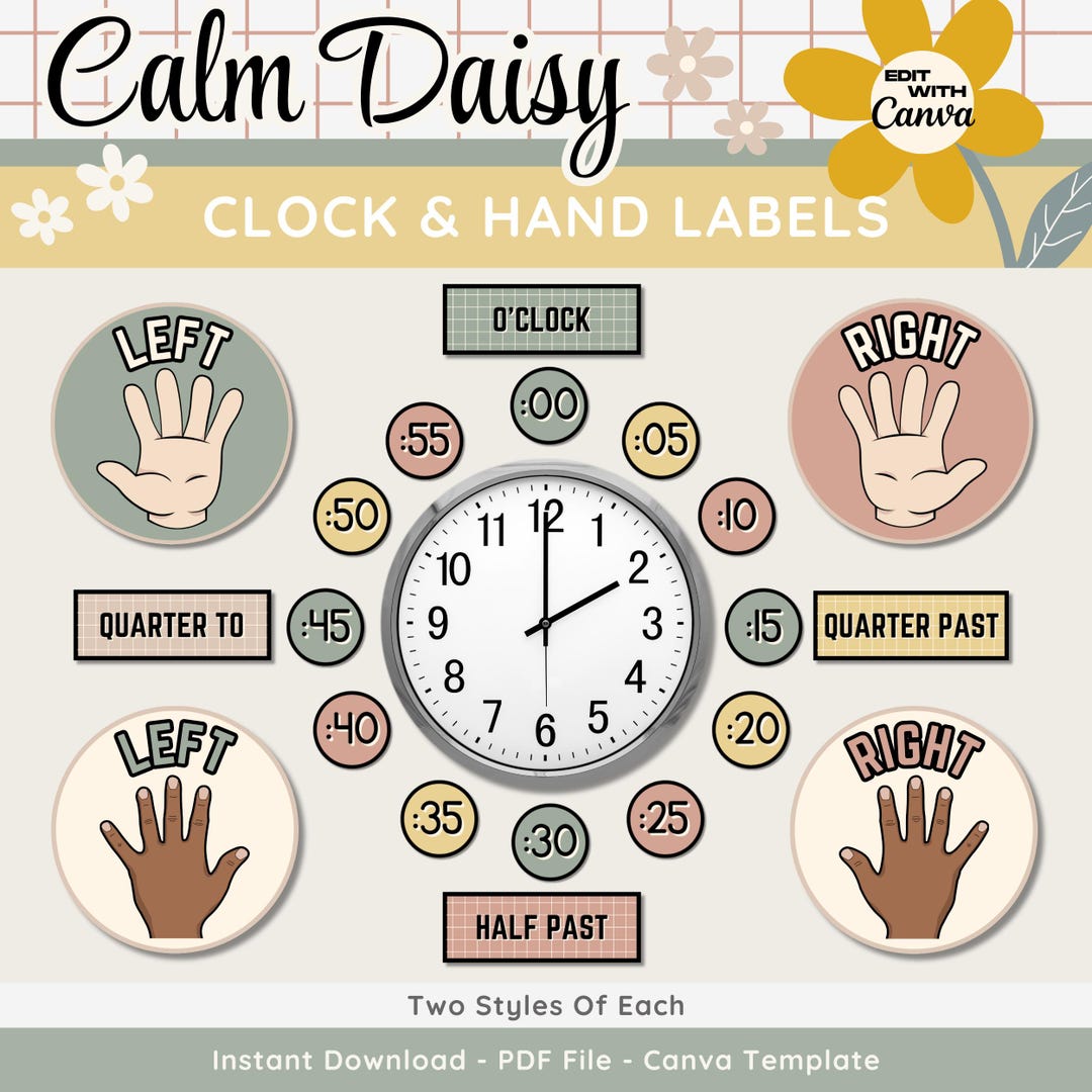 Neutral Daisy Classroom Decor: Clock Labels & Left/right Hand Posters ...
