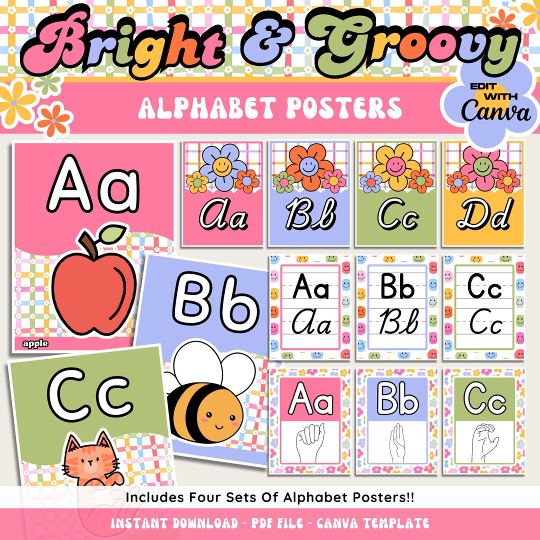 Bright & Groovy Primary Cursive Alphabet Posters: Happy Floral Retro ...