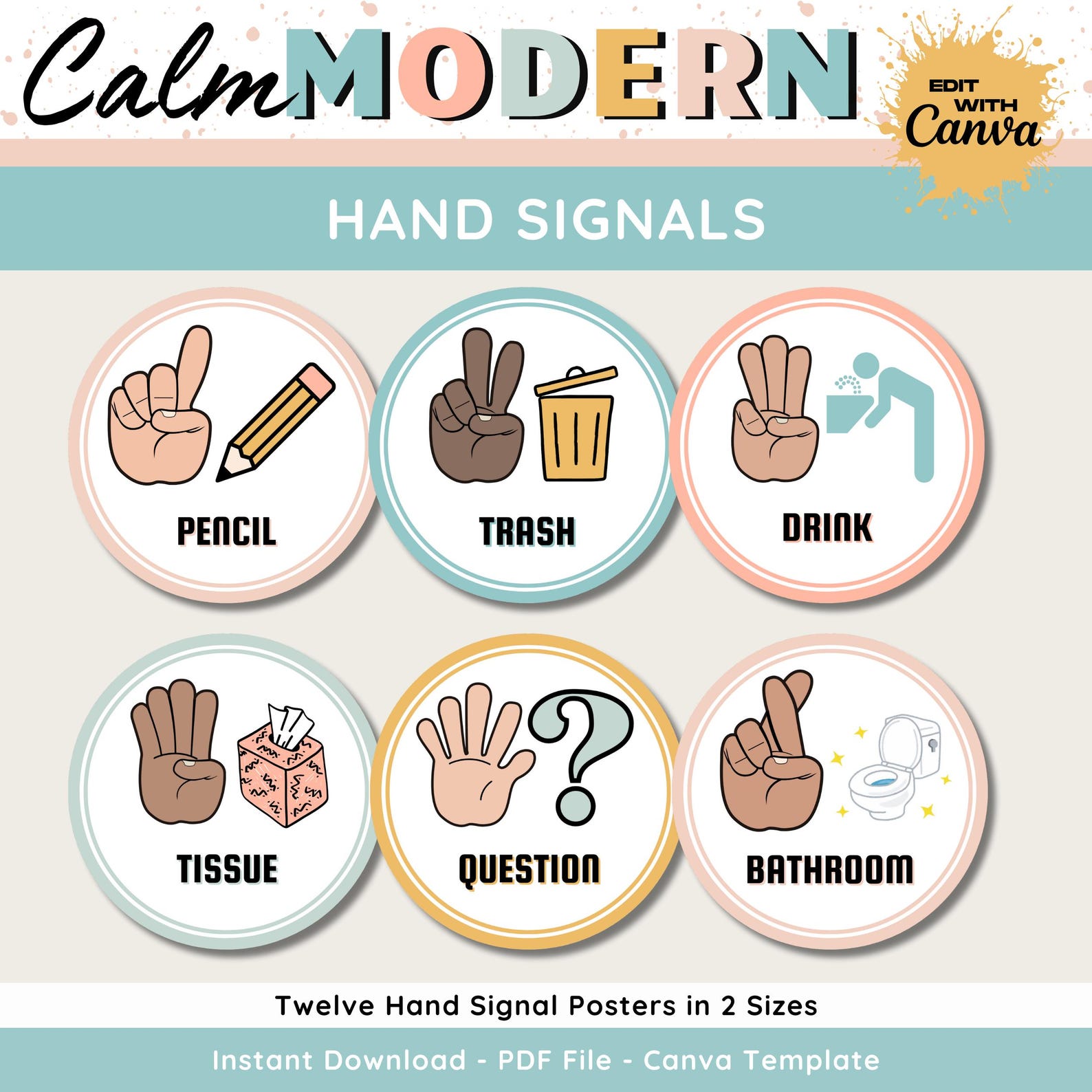 Calm Modern Classroom Hand Signal Posters, Printable & Editable School ...