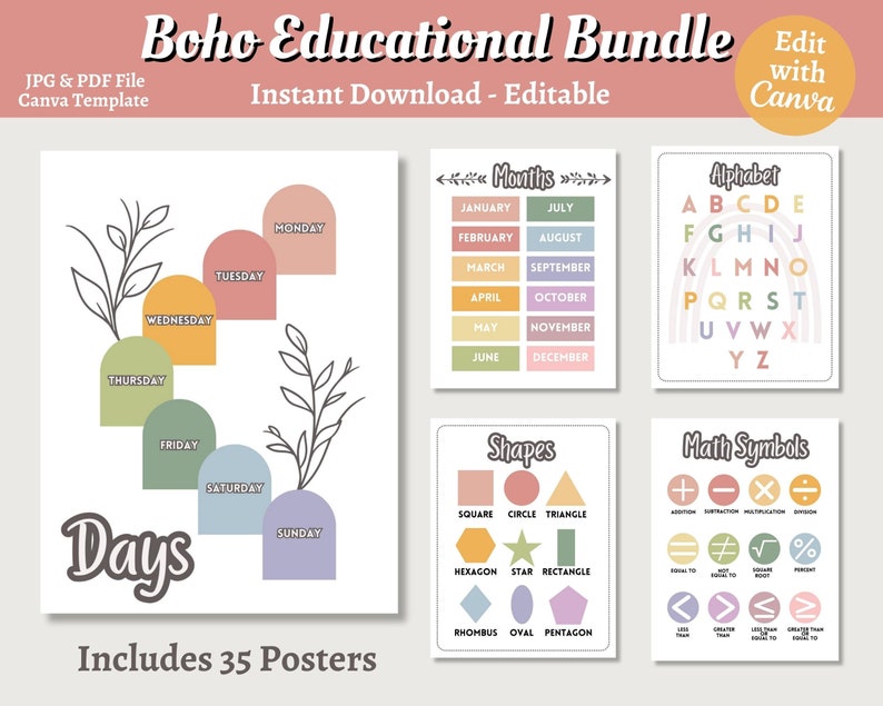 Educational Posters, Editable Canva Template, Boho Elementary Preschool ...