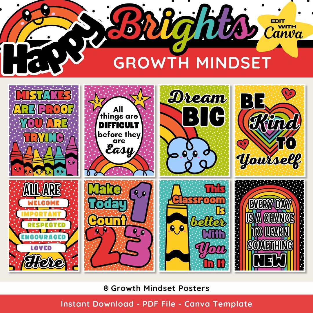 Rainbow Growth Mindset Classroom Posters, Printable & Editable Kids ...