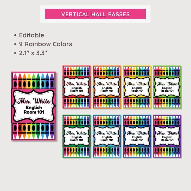 Printable Rainbow Crayon Hall Passes, Editable Classroom Hall Passes ...