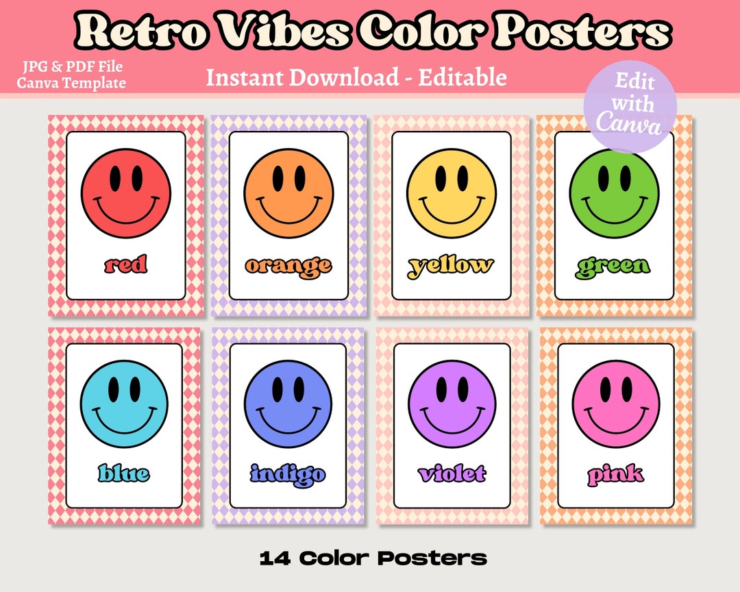 Retro Color Posters: Happy Face Classroom Decor (canva Template) - Etsy