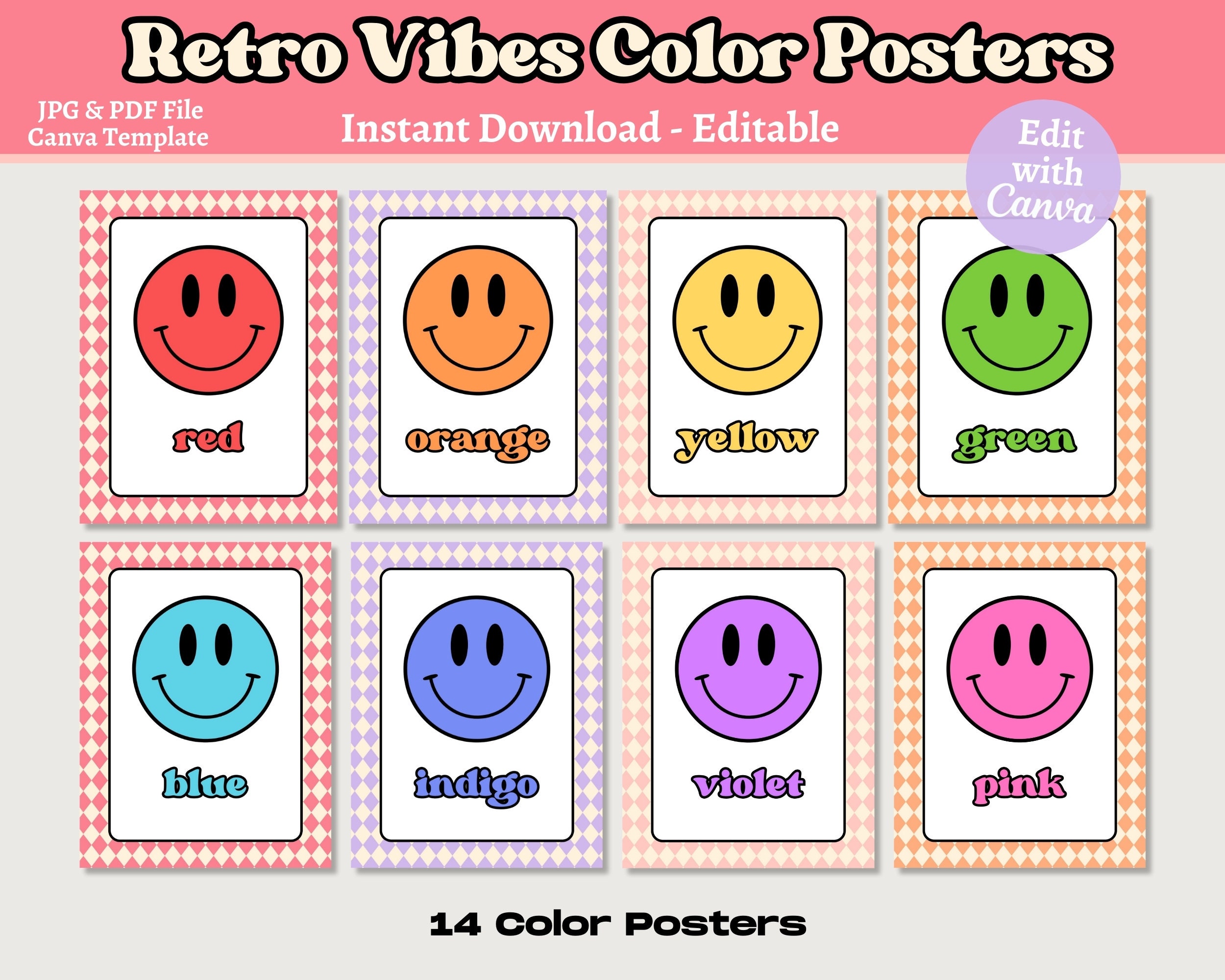 Retro Color Posters, Editable Happy Color Prints, Basic Color Printable ...