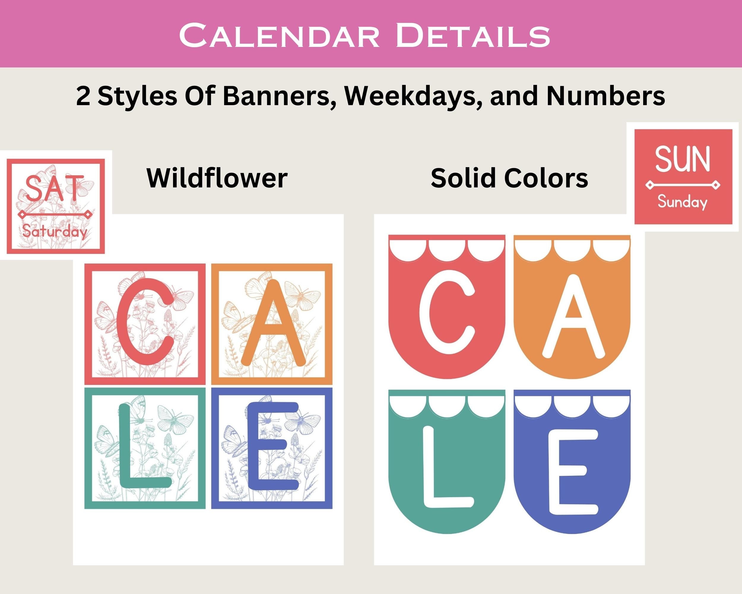 Rainbow Wildflower Calendar Bundle, Learning Decor, Editable Calendar ...