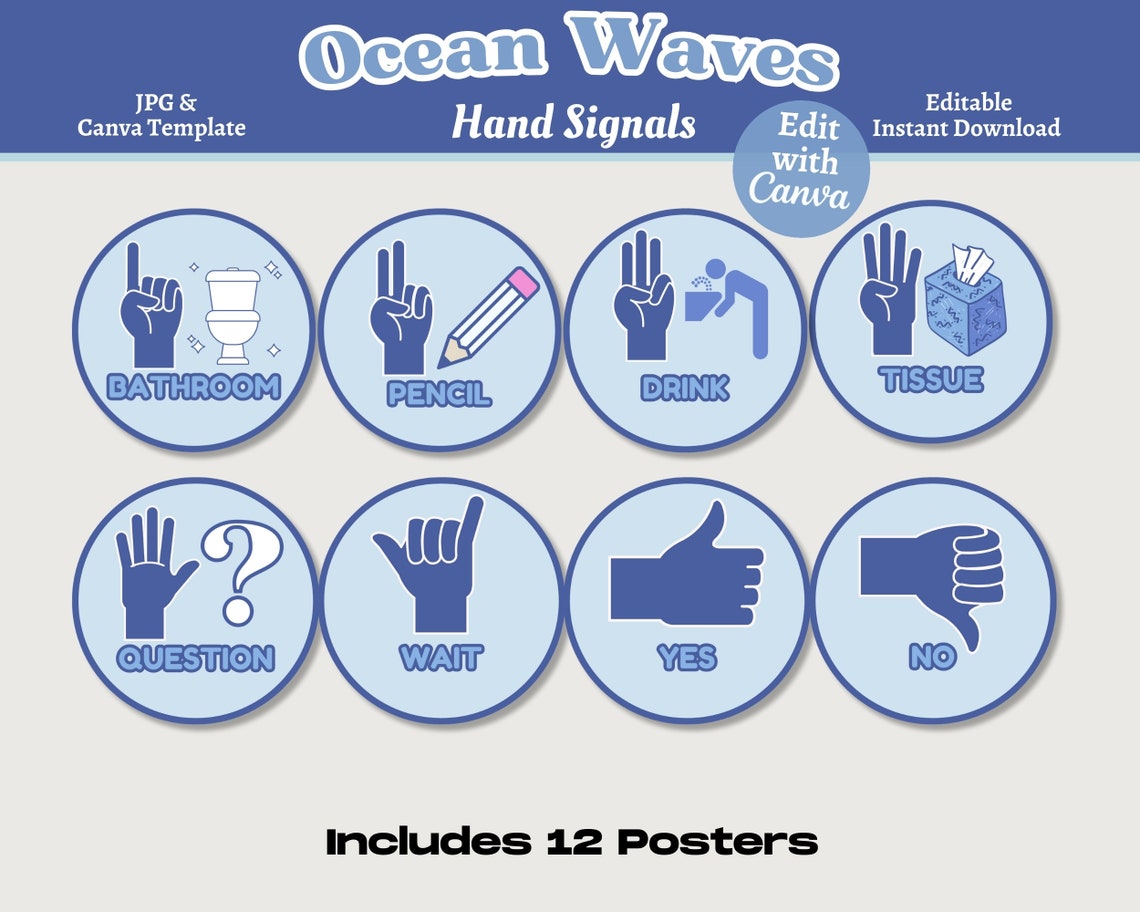 Ocean Theme Hand Signals, Printable & Editable Classroom Hand Signal ...