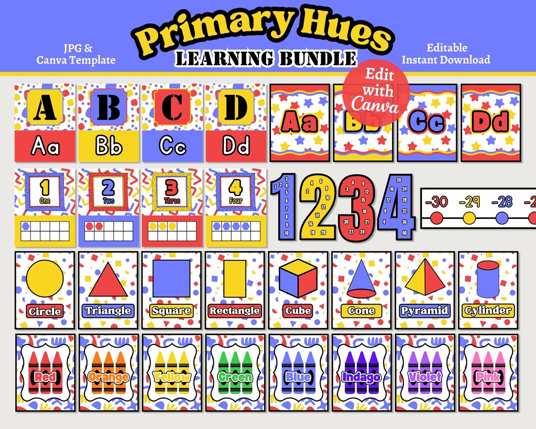 Primary Hues Learning Bundle, Printable & Editable Classroom Decor ...