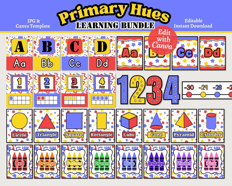 Primary Hues Learning Bundle, Printable & Editable Classroom Decor ...